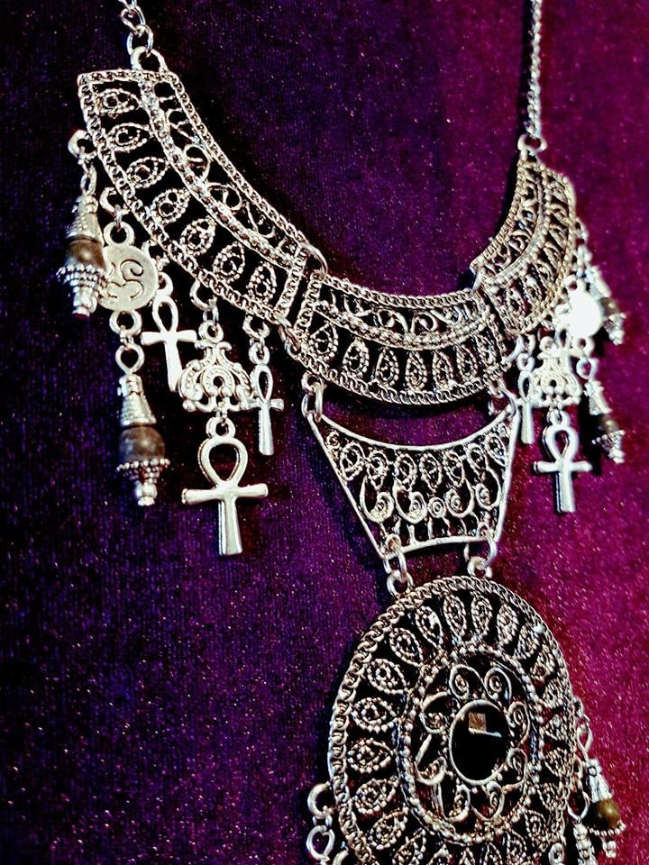 Spiritual Priestess Neckpiece - occult dzi bead ankh gothic necklace