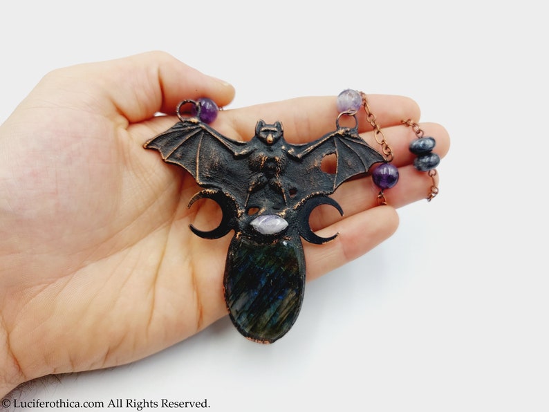 Gothic Bat Necklace With Labradorite & Amethyst Crystal - Etsy