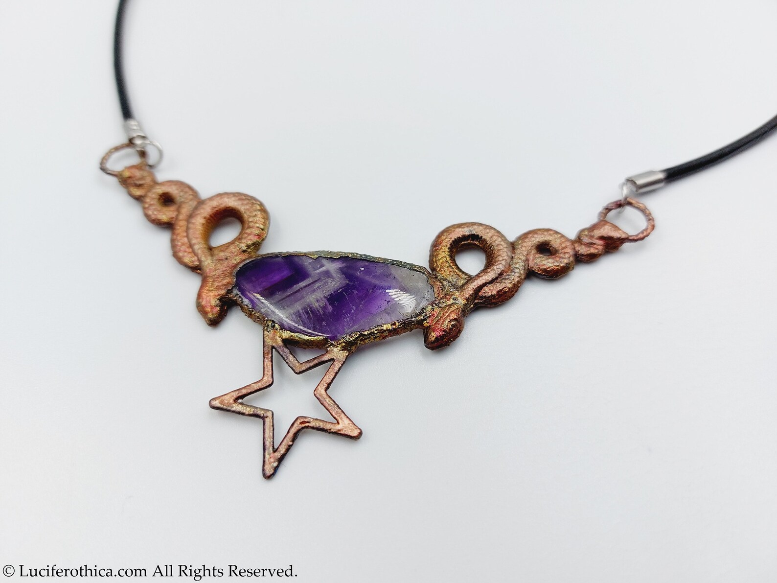 Electroformed Double Serpent Pentagram Necklace With Amethyst Crystal ...