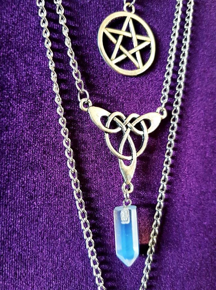 Triple Chain Pagan Necklace - pagan opalite celtic wicca pendant