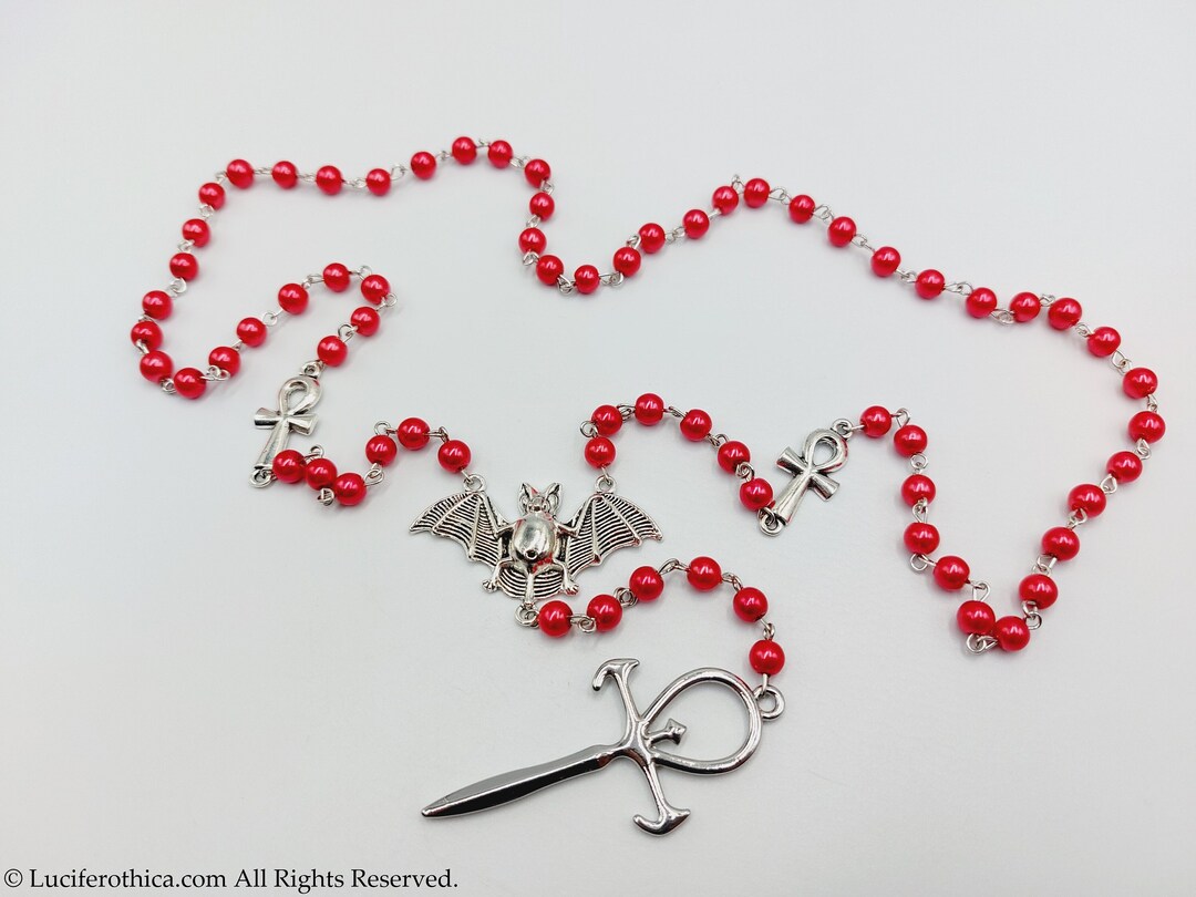 Blood Red Vampire Ankh Rosary - Occult Vamp Goth Ankh Beads Bat Gothic ...