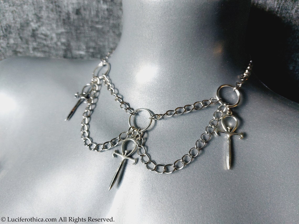 Triple Vampire Ankh Chain Choker - Goth Gothic Vampiric Order Wisdom ...