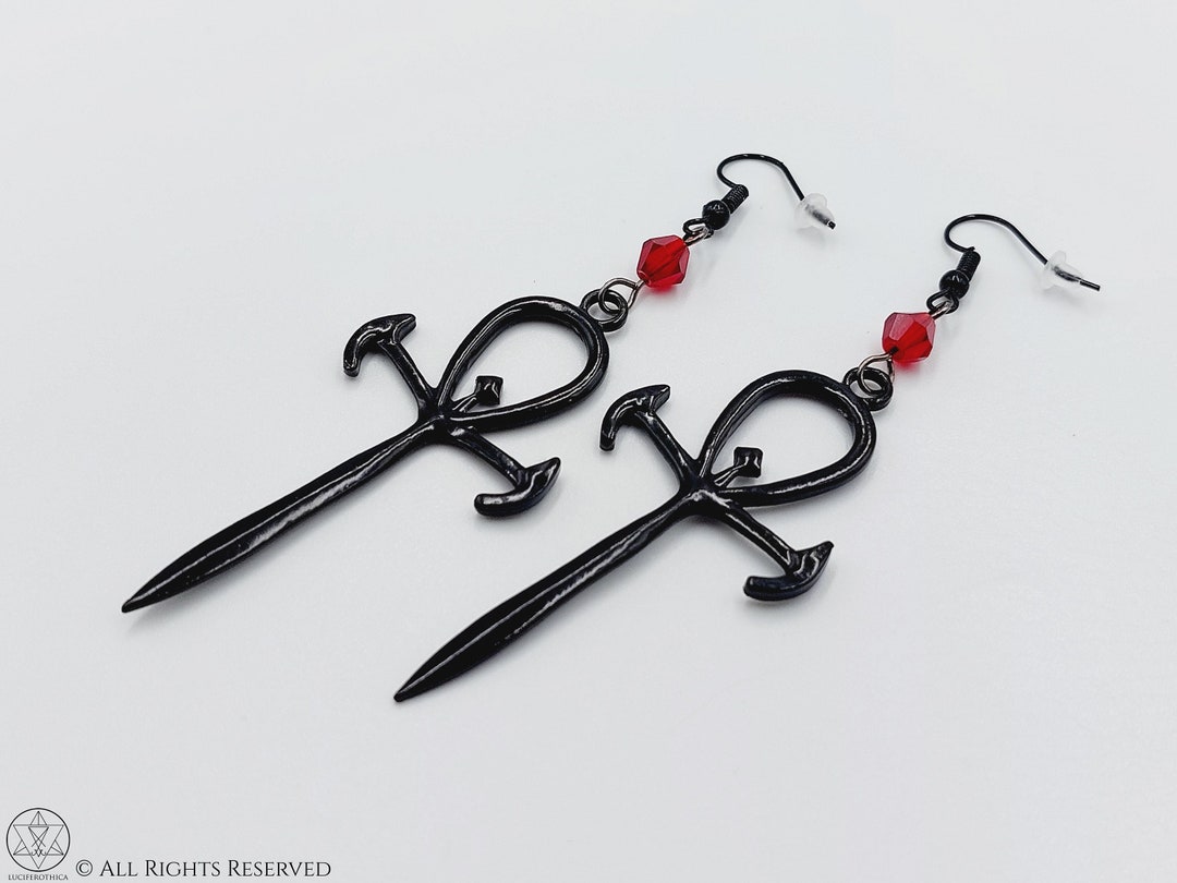 Black Vampire Ankh Earrings Blood Red Facetted Gothic Bead Occult ...