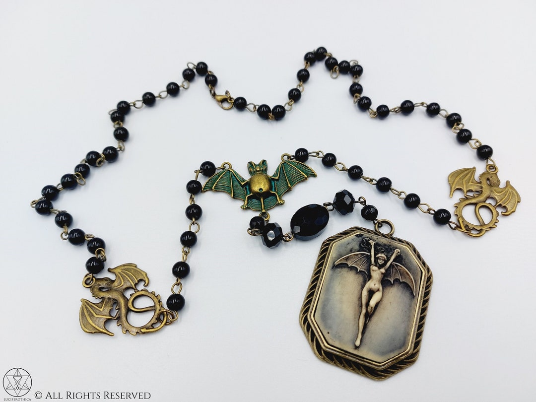 Lilith Dragon Medallion Rosary Necklace - Occult Gothic Bat Rosary ...