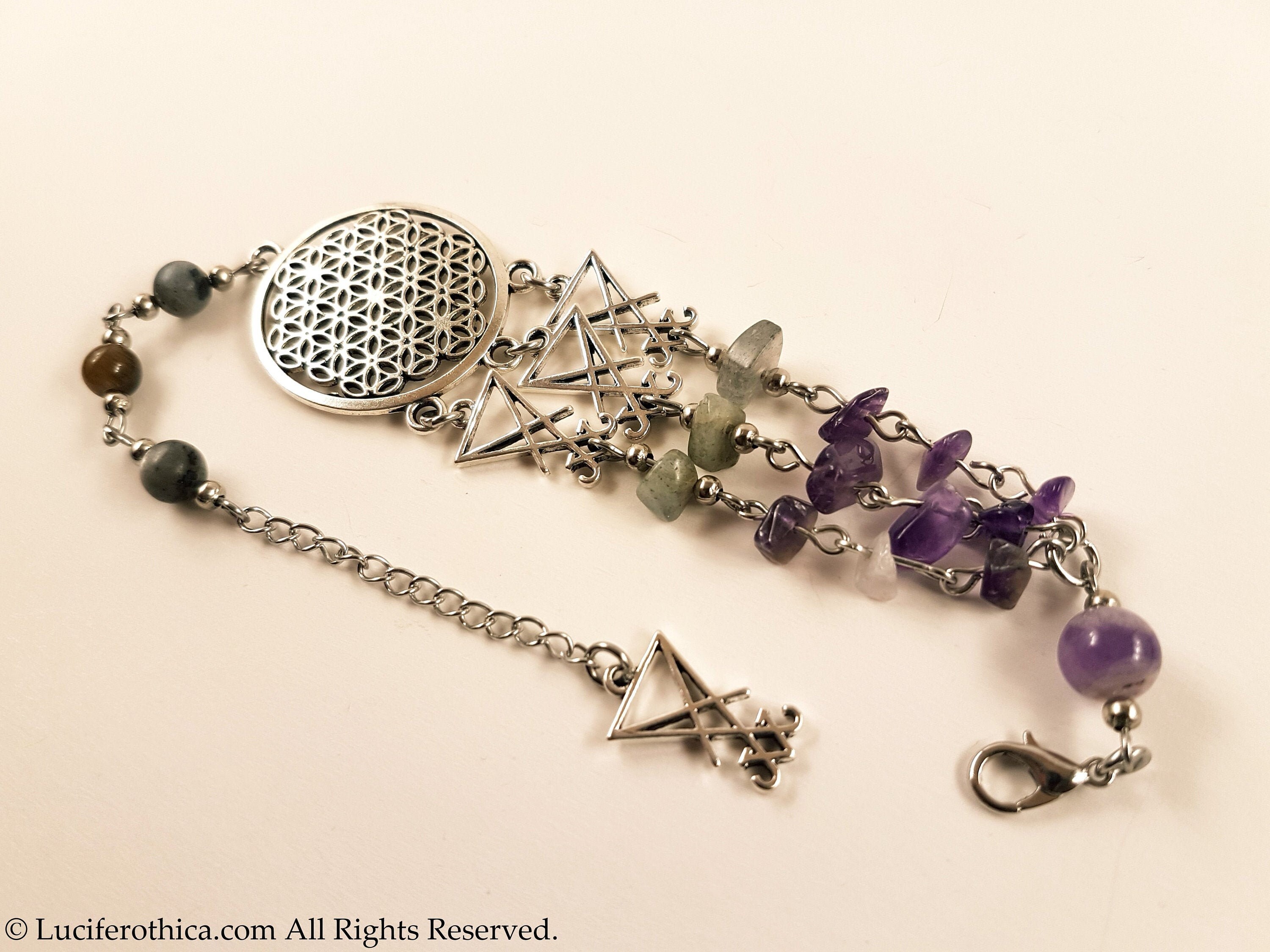 Amethyst Sigil of Lucifer Flower of Life Bracelet