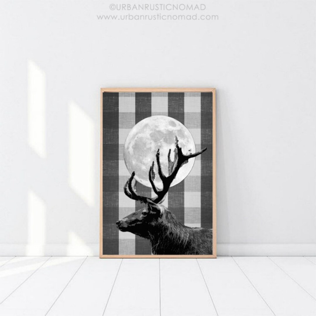 Stag Deer Print, Antlers, Moon, Buffalo Check, Black & White, Grey ...