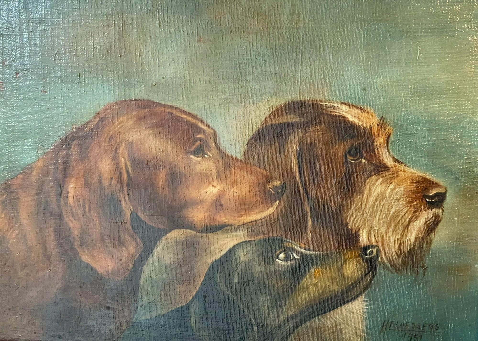 Vintage Painting of Three Friendly Dogs Looking in the Same Direction ...
