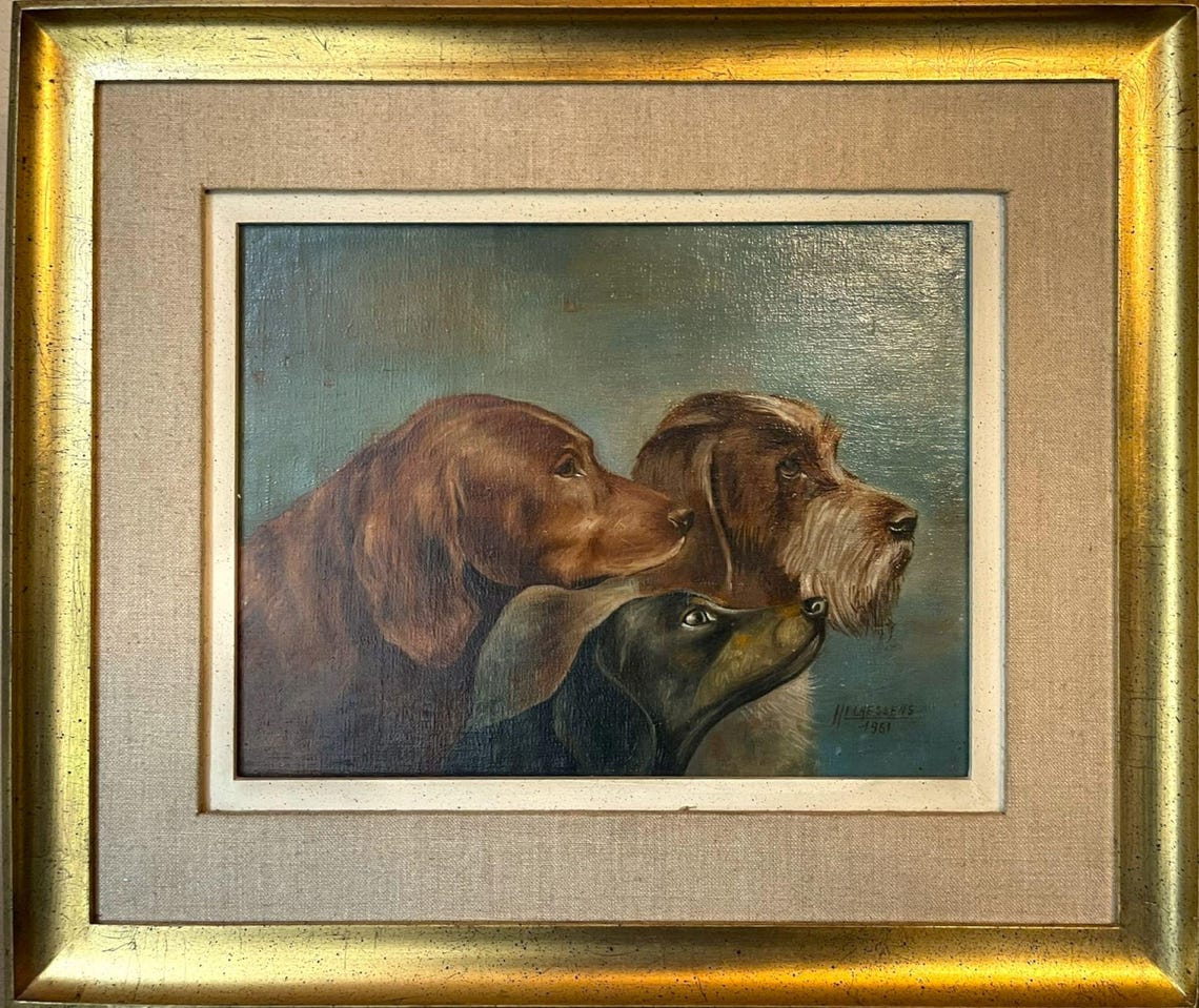 Vintage Painting of Three Friendly Dogs Looking in the Same Direction ...