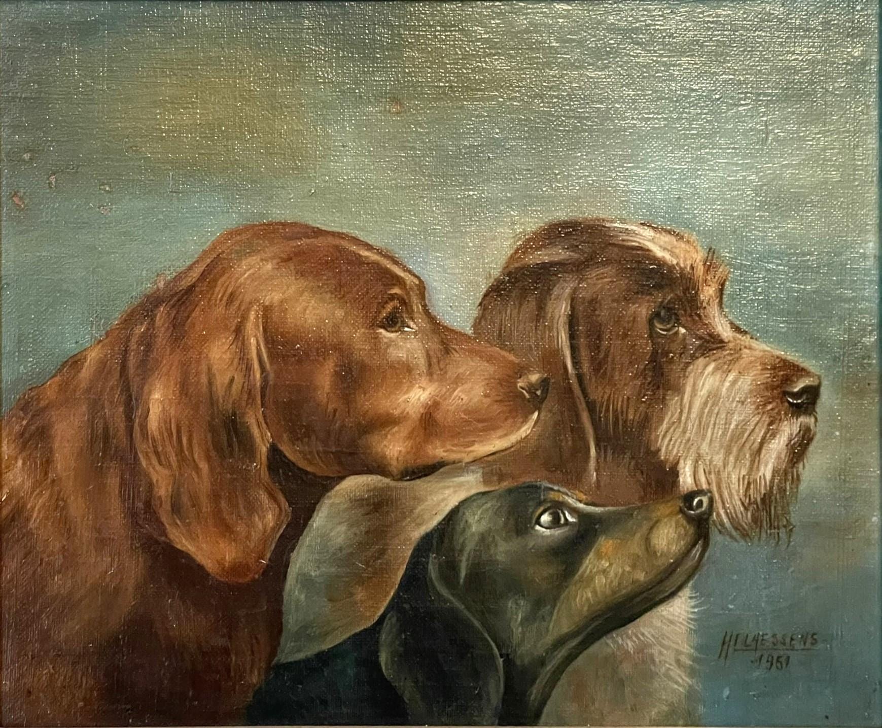 Vintage Painting of Three Friendly Dogs Looking in the Same Direction ...