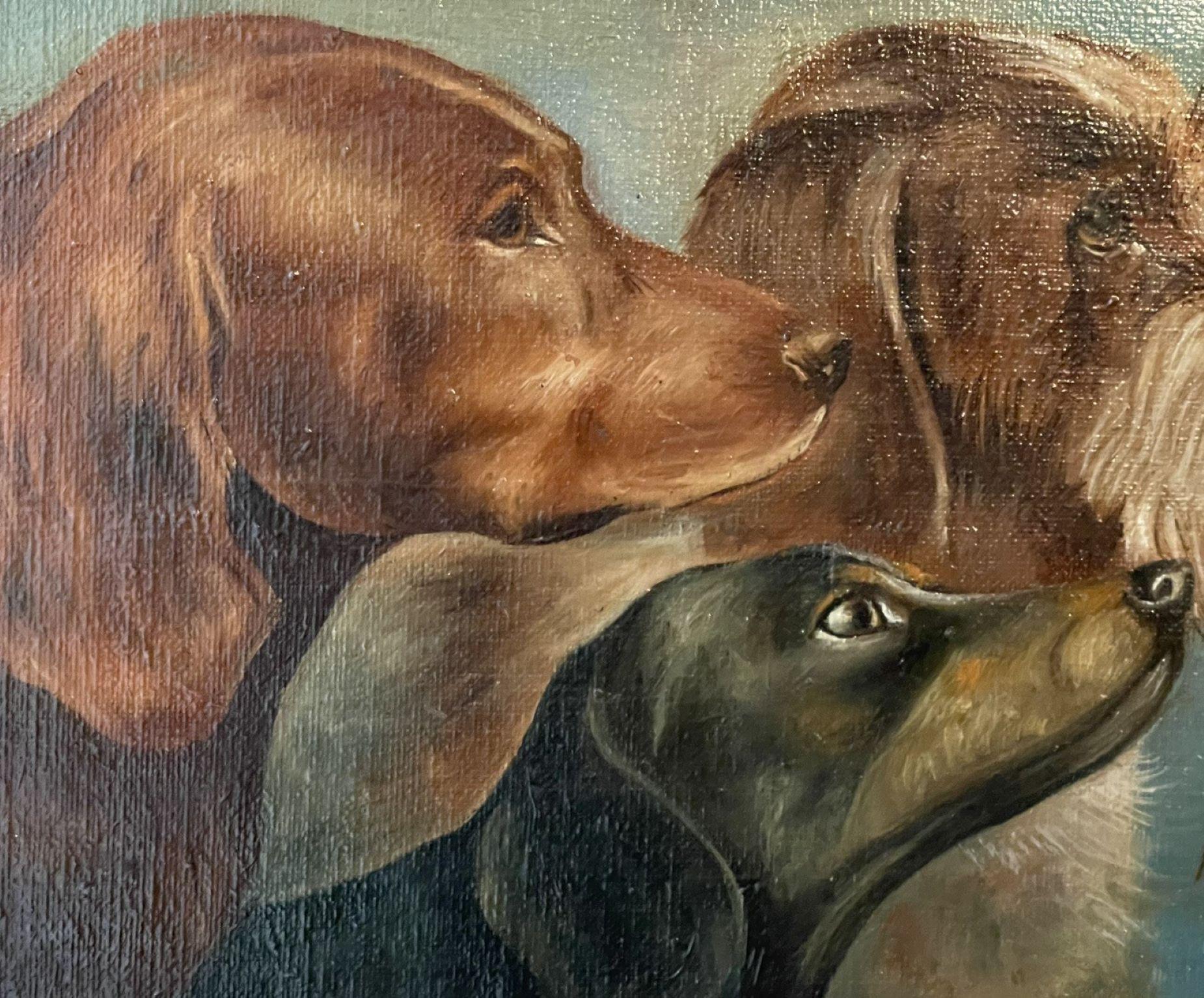 Vintage Painting of Three Friendly Dogs Looking in the Same Direction ...