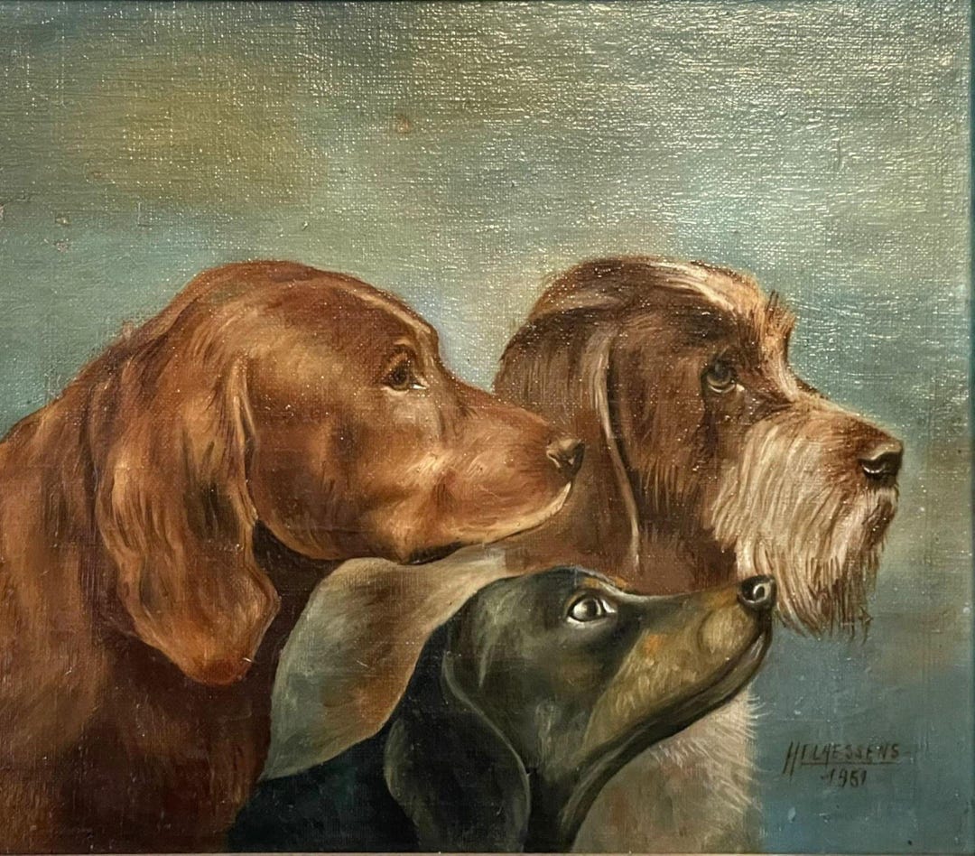 Vintage Painting of Three Friendly Dogs Looking in the Same Direction ...