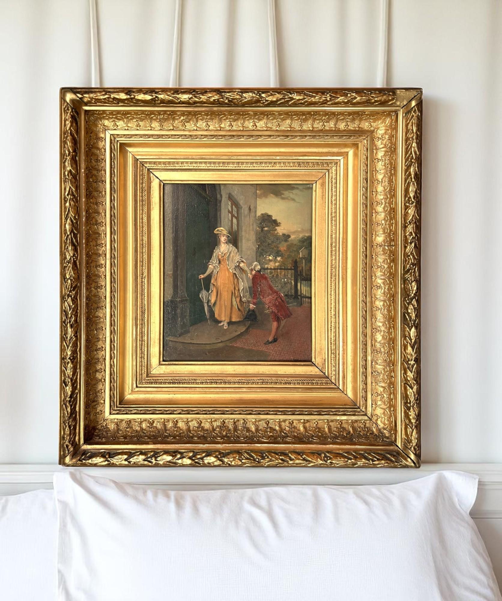 Antique Painting, Gallant Scene at the Doorstep, Signed and Dated, With ...