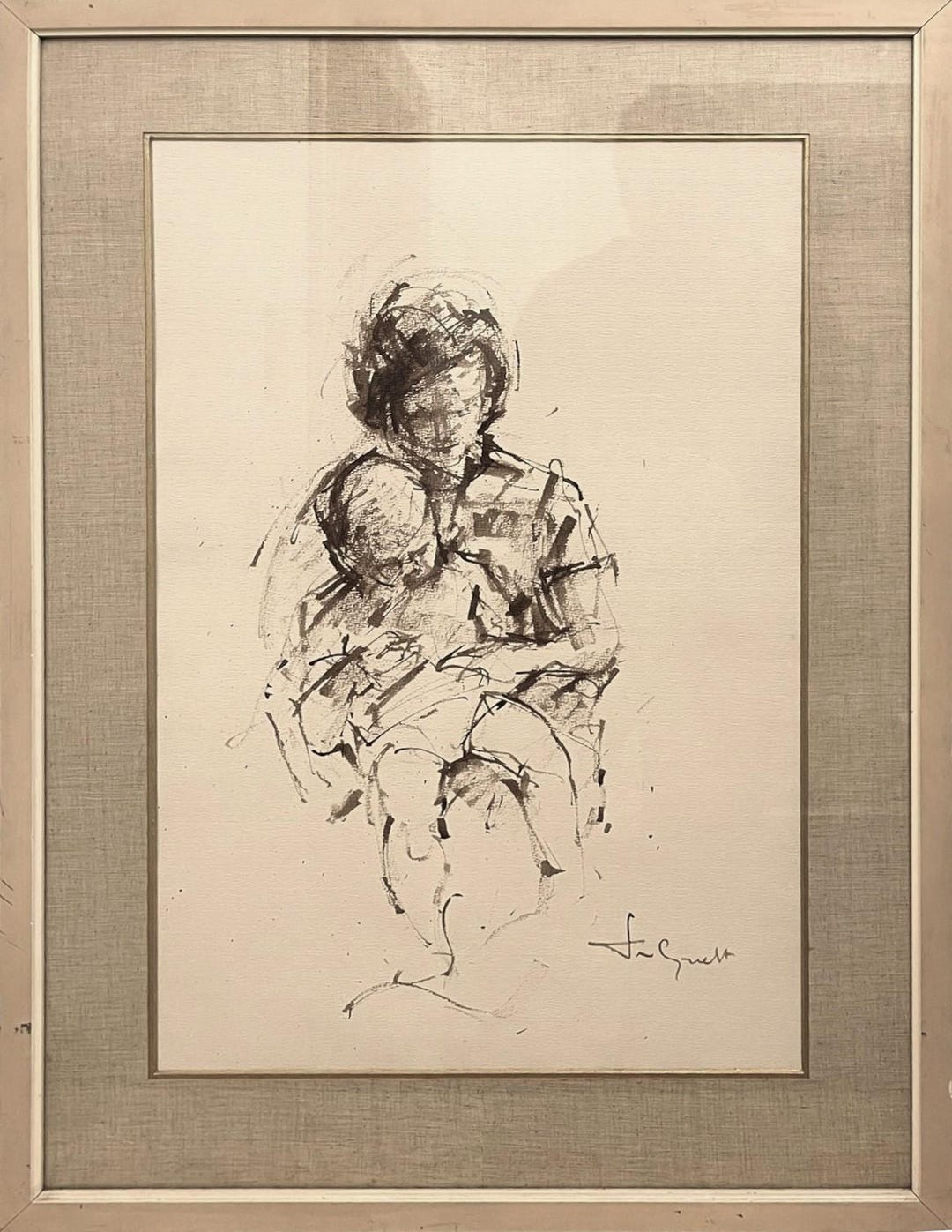 An Exceptional Vintage Bister Drawing of a Mother With Child Drawn by ...