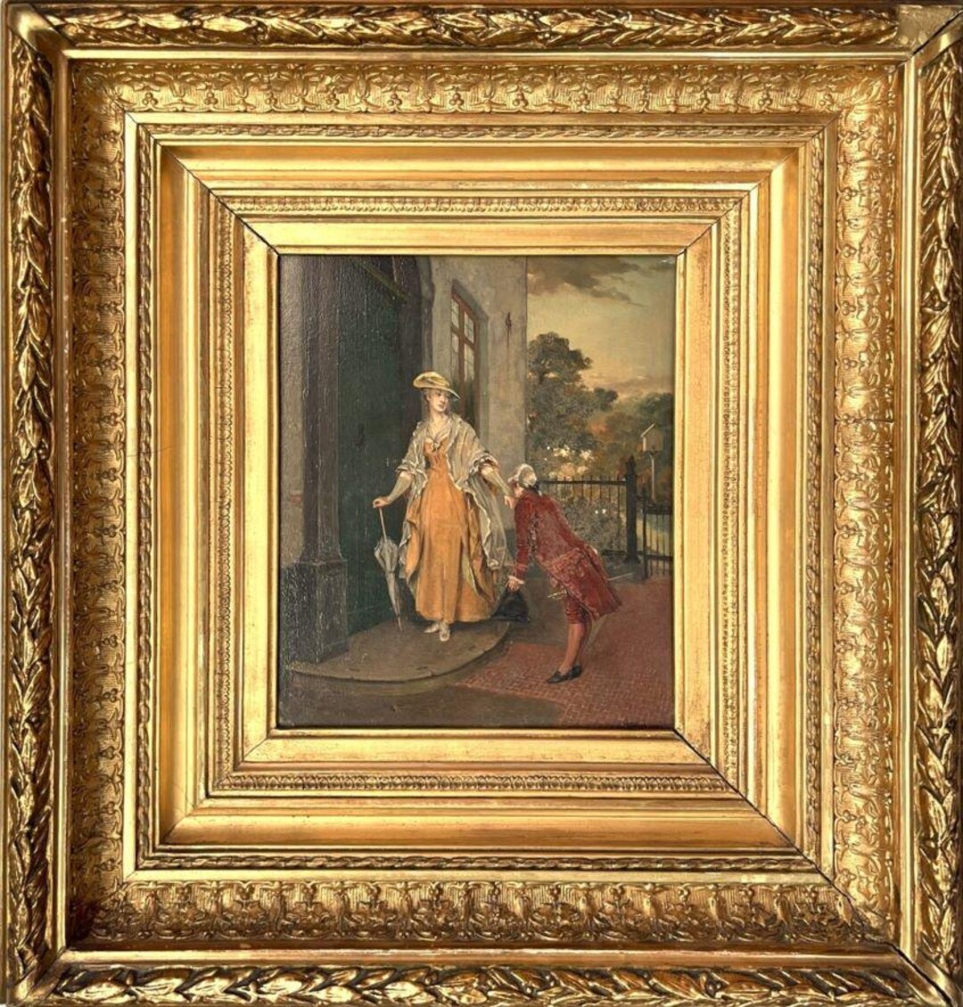Antique Painting, Gallant Scene at the Doorstep, Signed and Dated, With ...
