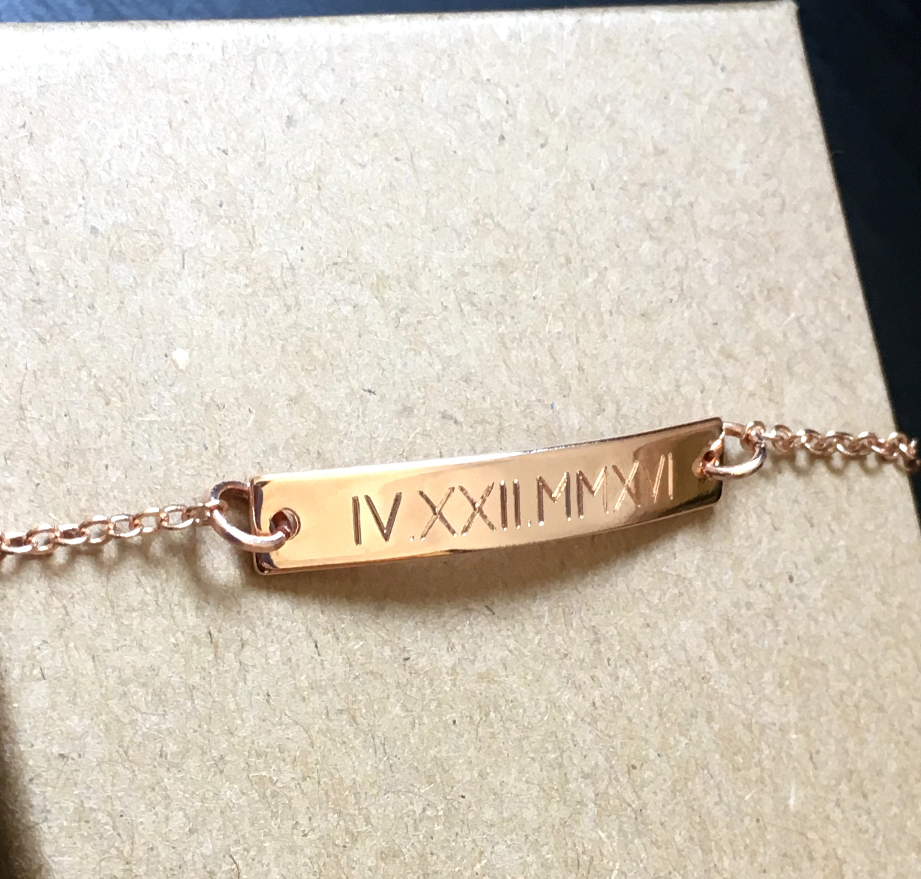 Rose Gold Bar Bracelet Roman Numeral, Personalized Bar Bracelet ...