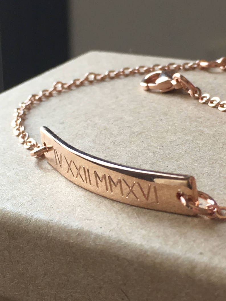 Rose Gold Bar Bracelet Roman Numeral, Personalized Bar Bracelet ...