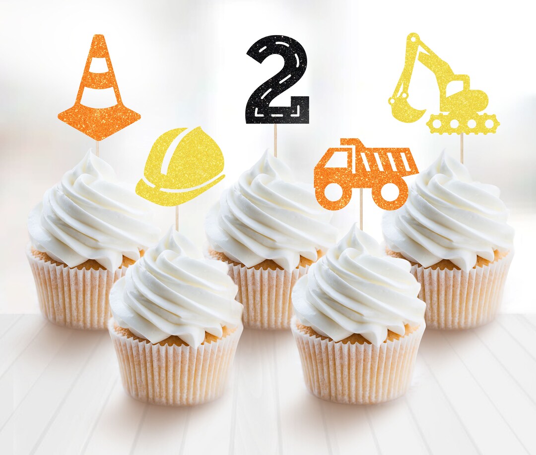 Construction Cupcake Topper Set, Yellow and Orange Cupcake Topper ...