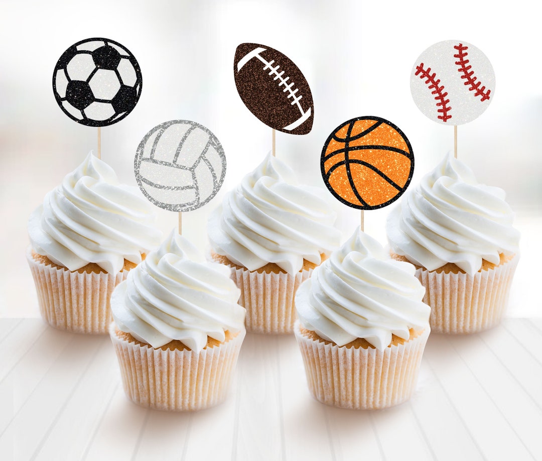 Sports Cupcake Topper Set, Basketball, Baseball, Volleyball, Football ...