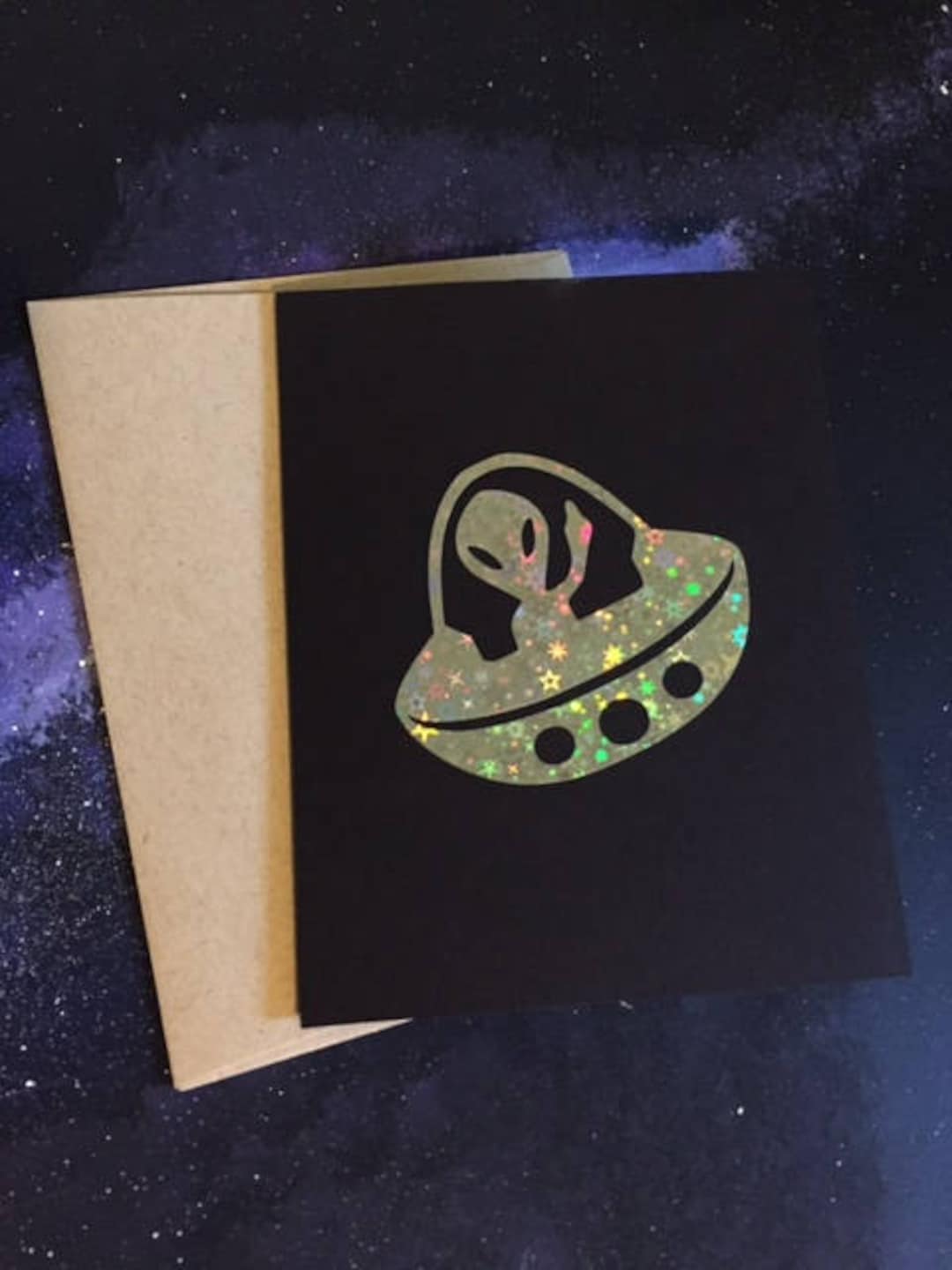 Alien UFO Greeting Card With Holographic Foil Design, Alien Spaceship ...