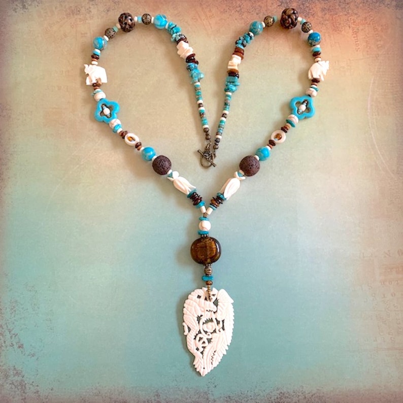 Exotic Bohochic Necklace With Carved Bone Pendant/elephant Beads ...