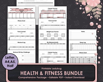 Large Printable Health and Fitness Planner Set Sized 8.5 x