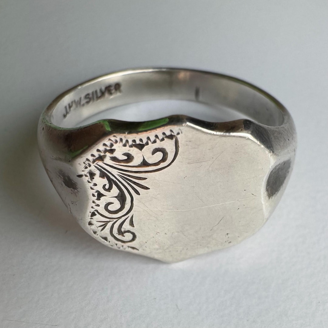 Antique J.H.W. Signet Shield Ring – Vintage Silver, Floral Engraving ...