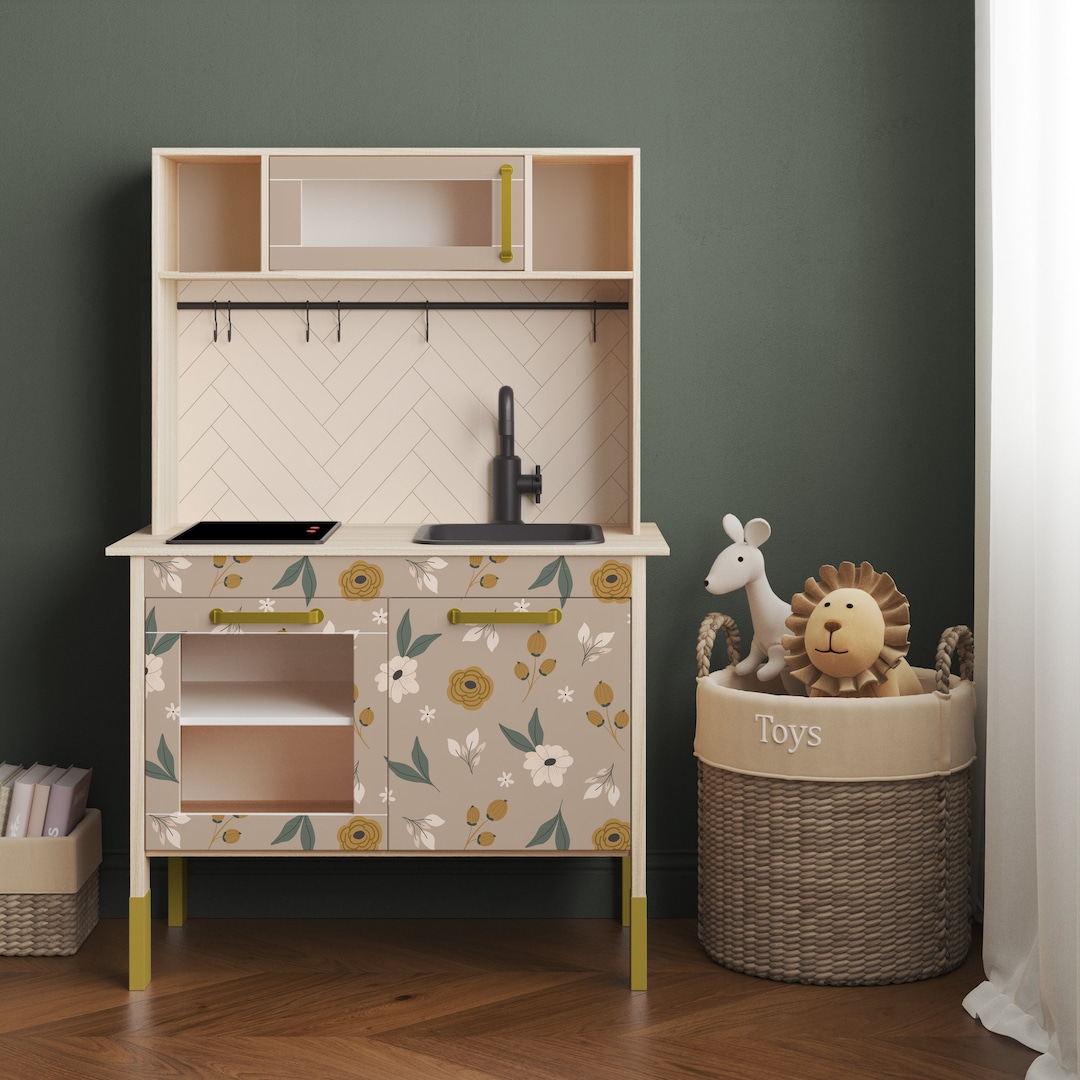 IKEA DUKTIG Play Kitchen in Neutral Floral // Play Kitchen Decal Set ...