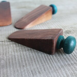 Small Walnut Wedge Shape Door Stop With Blue Handle Door | Etsy