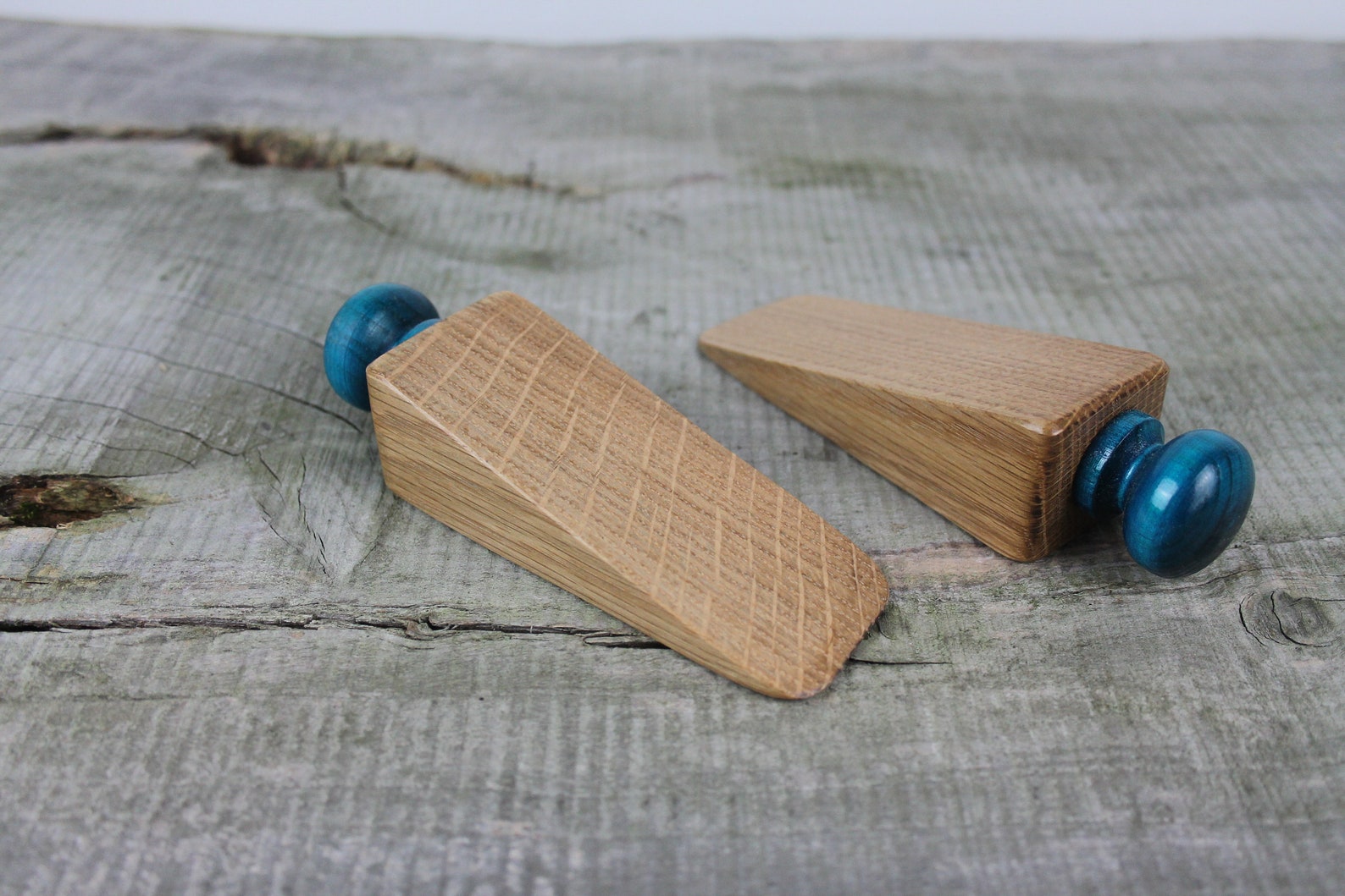 Small Oak Wedge Shape Door Stop With Blue Handle Door - Etsy