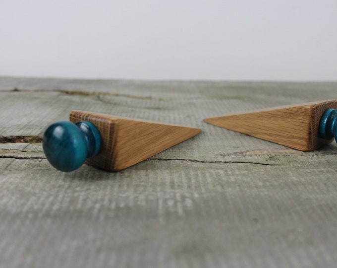 Small Oak Wedge Shape Door Stop With Blue Handle, Door Stopper ...