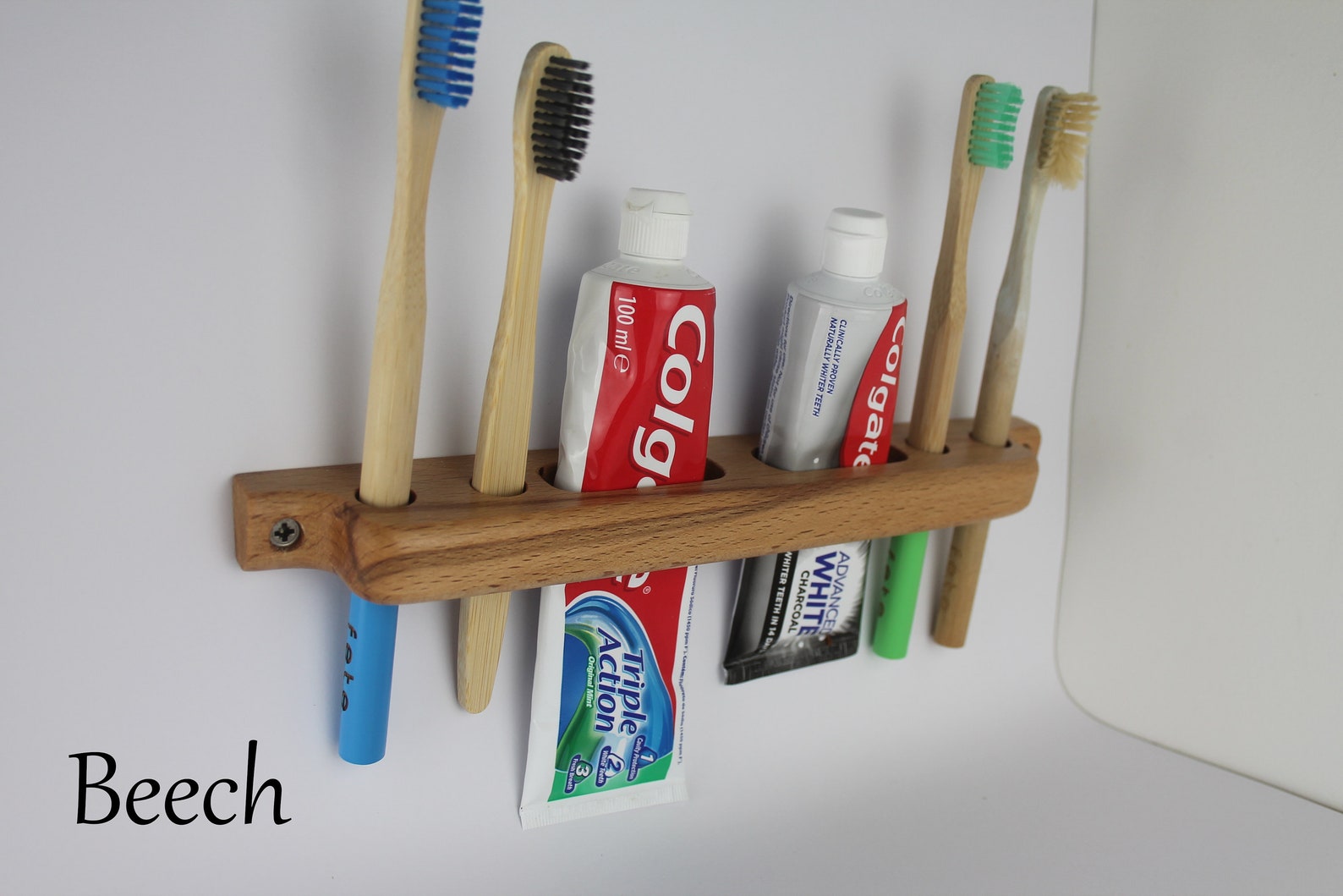 Double Toothpaste and Toothbrush Holder Wall Mounted Wooden | Etsy