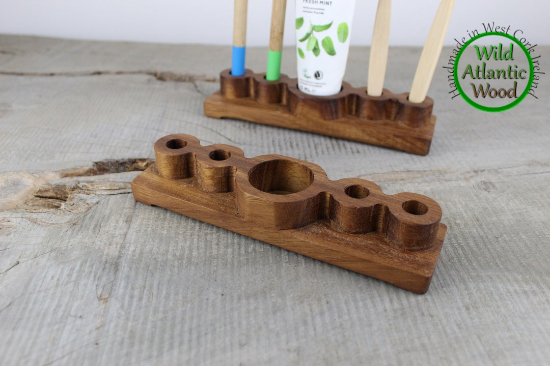 Wooden Freestanding Teak Toothbrush and Toothpaste Holder for 4 Brushes ...