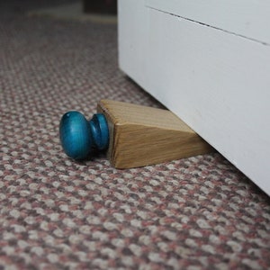 Small Oak Wedge Shape Door Stop With Blue Handle, Door Stopper ...
