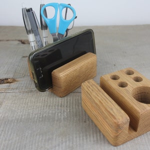 Small Oak Wooden Desk Caddy With Phone or Notebook Slot, Wooden Pencil ...