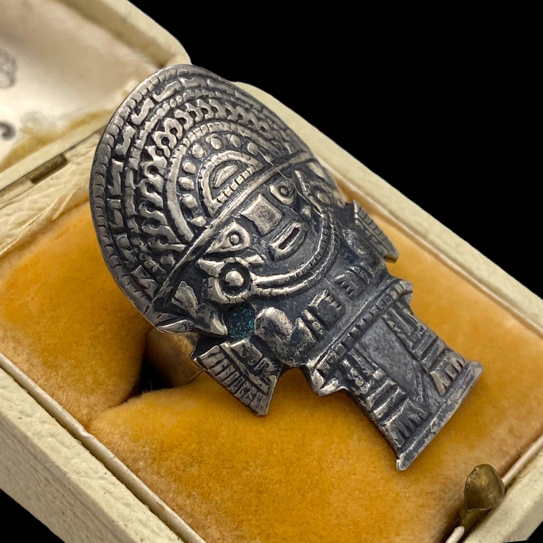 Antique Vintage Mid Century Sterling Silver Inca Warrior Chased Ring Sz ...