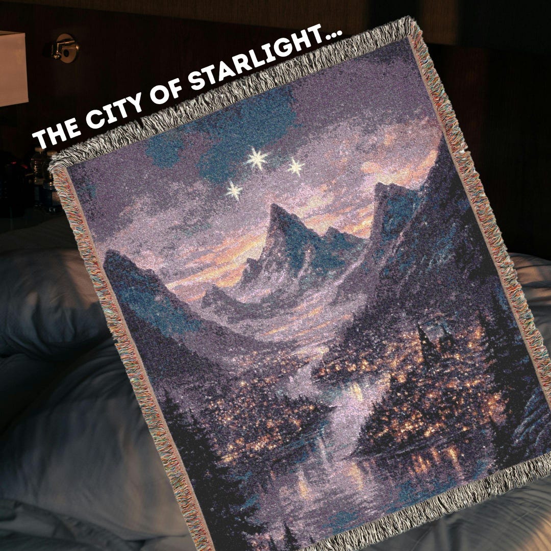 City of Starlight Night Mountain Court Whimsical City Woven Blanket ...