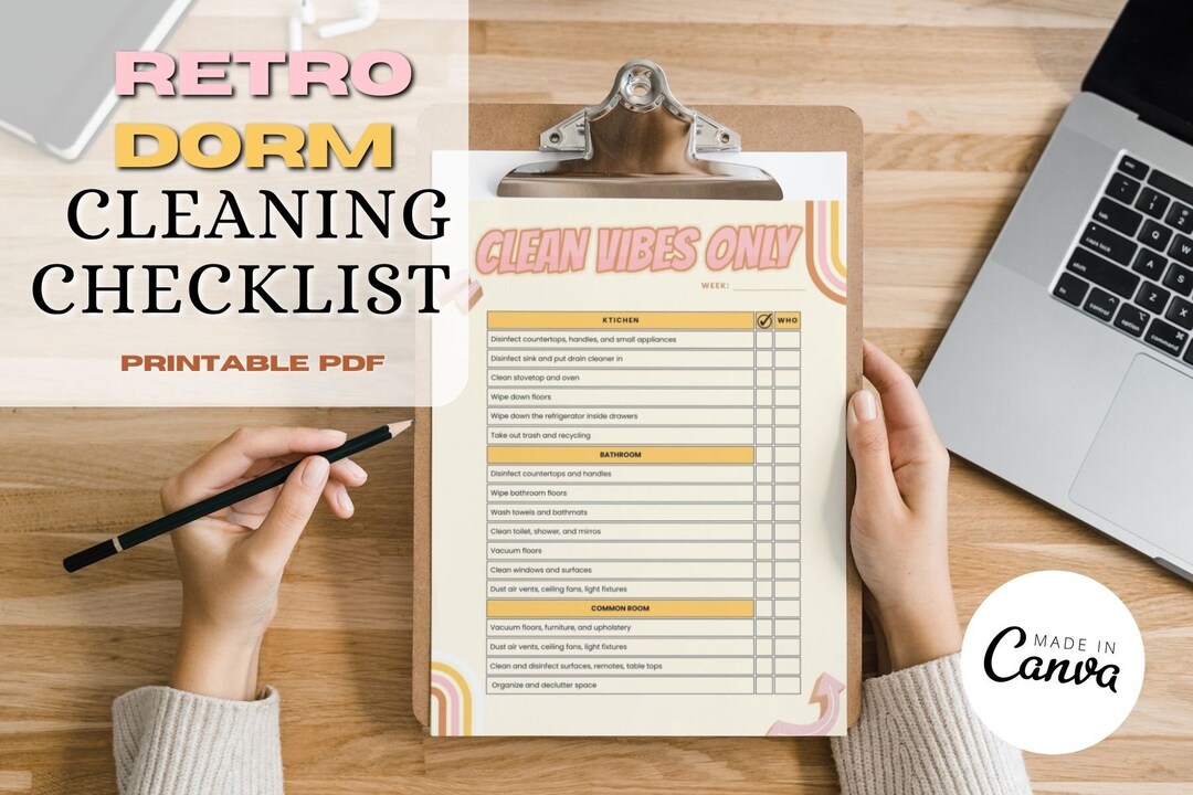 Editable Cleaning Checklist, College Dorm Cleaning Checklist,retro Cleaning Checklist, Digital ...