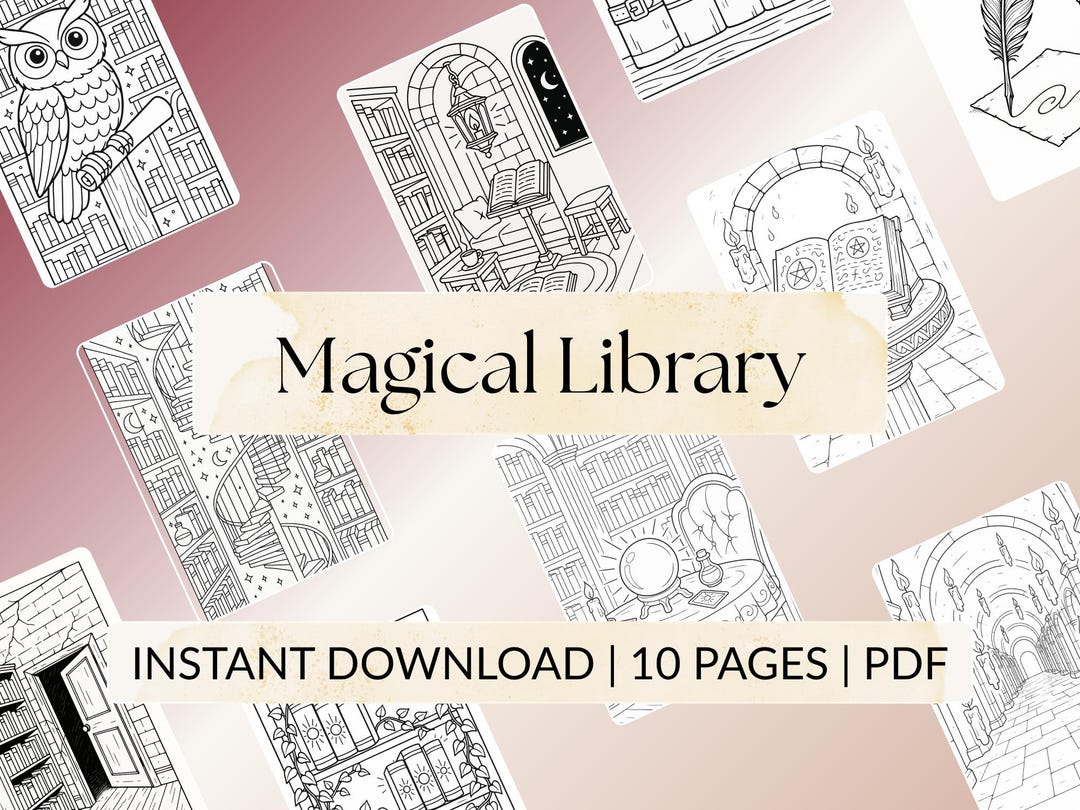 Magical Library Elements Coloring Pages | Fantasy Line Art for Adults ...