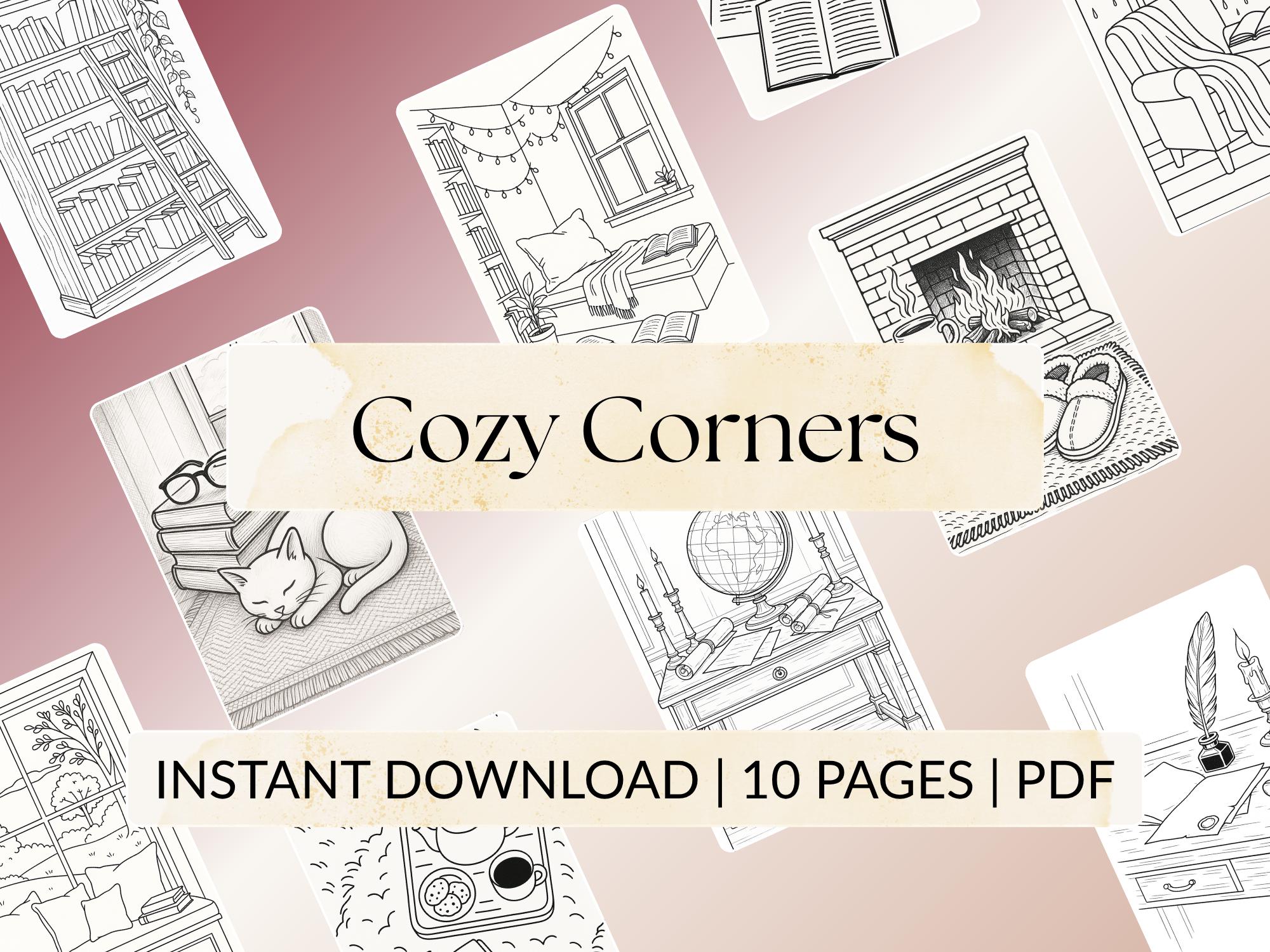 Cozy Corners Coloring Pages | Black & White Library Nooks for Relaxing ...