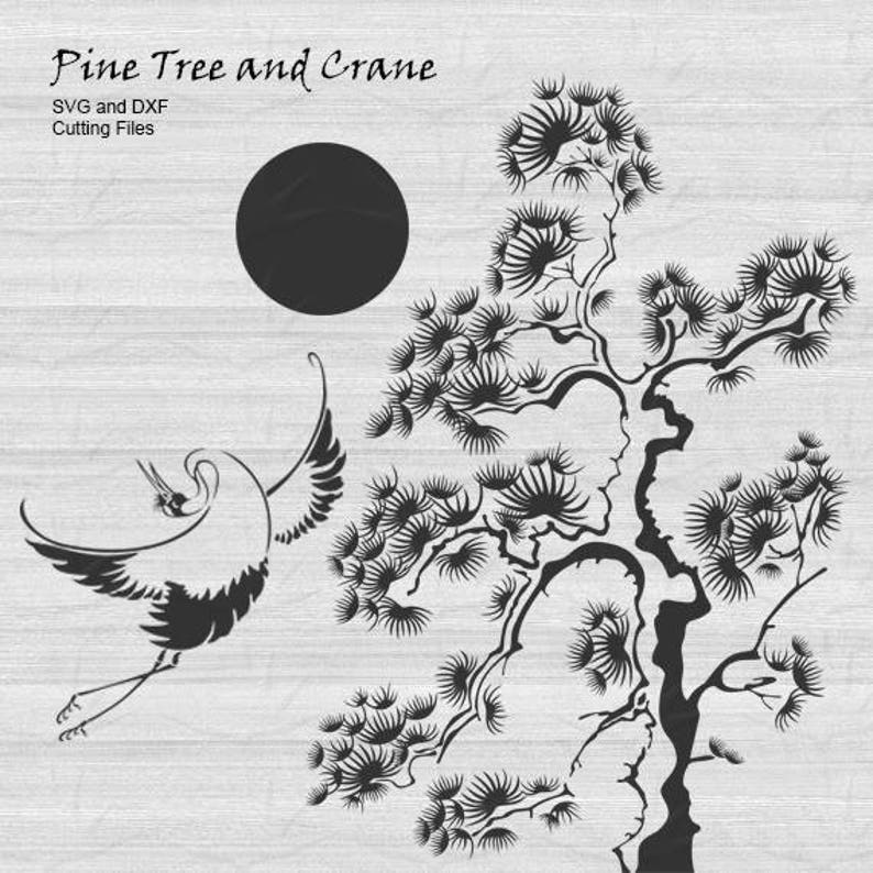 Vector Pine-tree and Crane in Japanese Style SVG and DXF Cut - Etsy