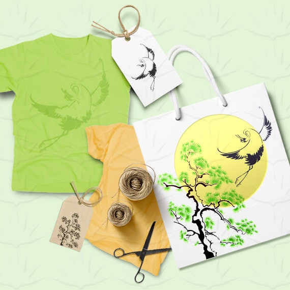 Vector Pine-tree and Crane in Japanese Style SVG and DXF Cut Files for ...