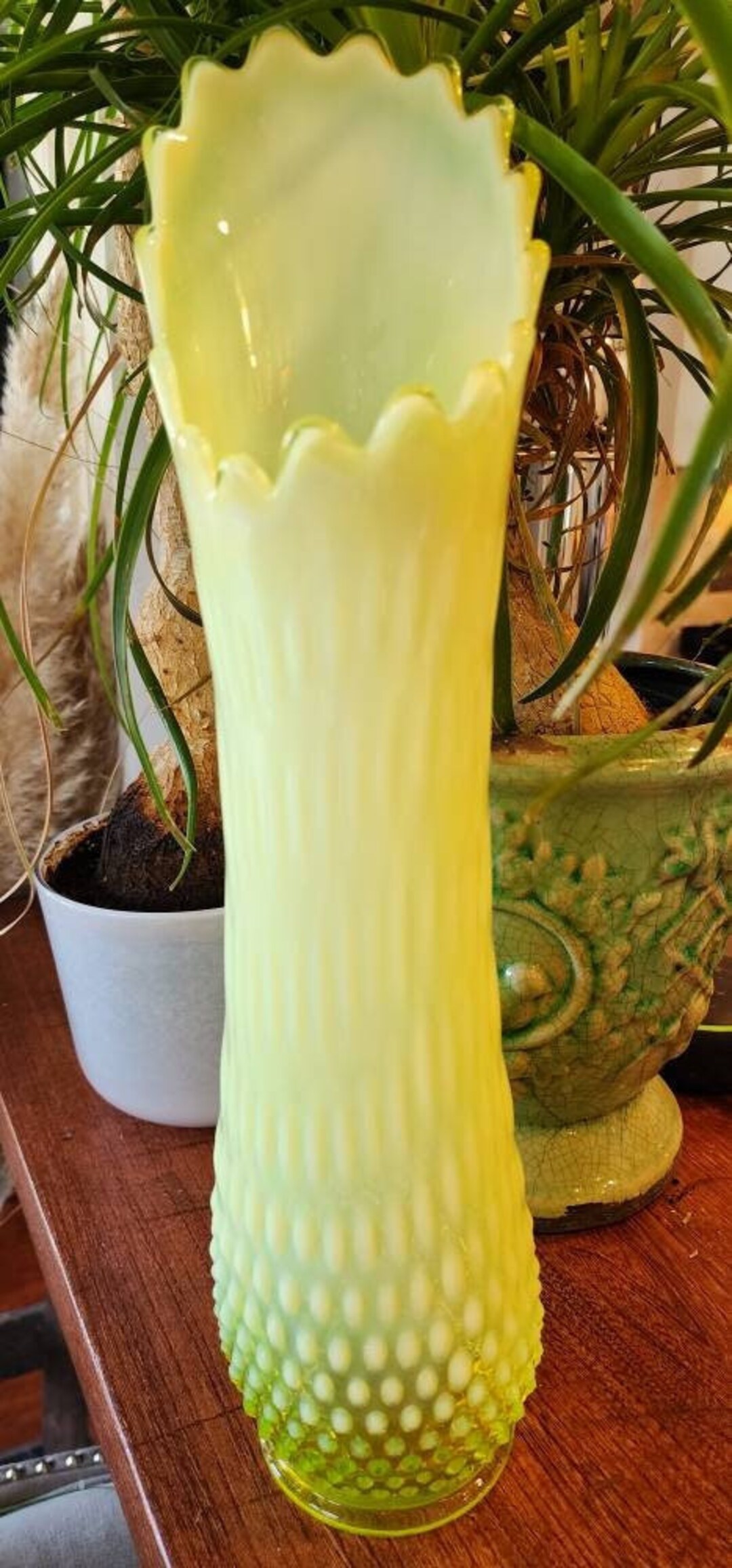 Fenton Hobnail Opalescent Topaz Swung Glass Vase Glows Beautifully 16 ...