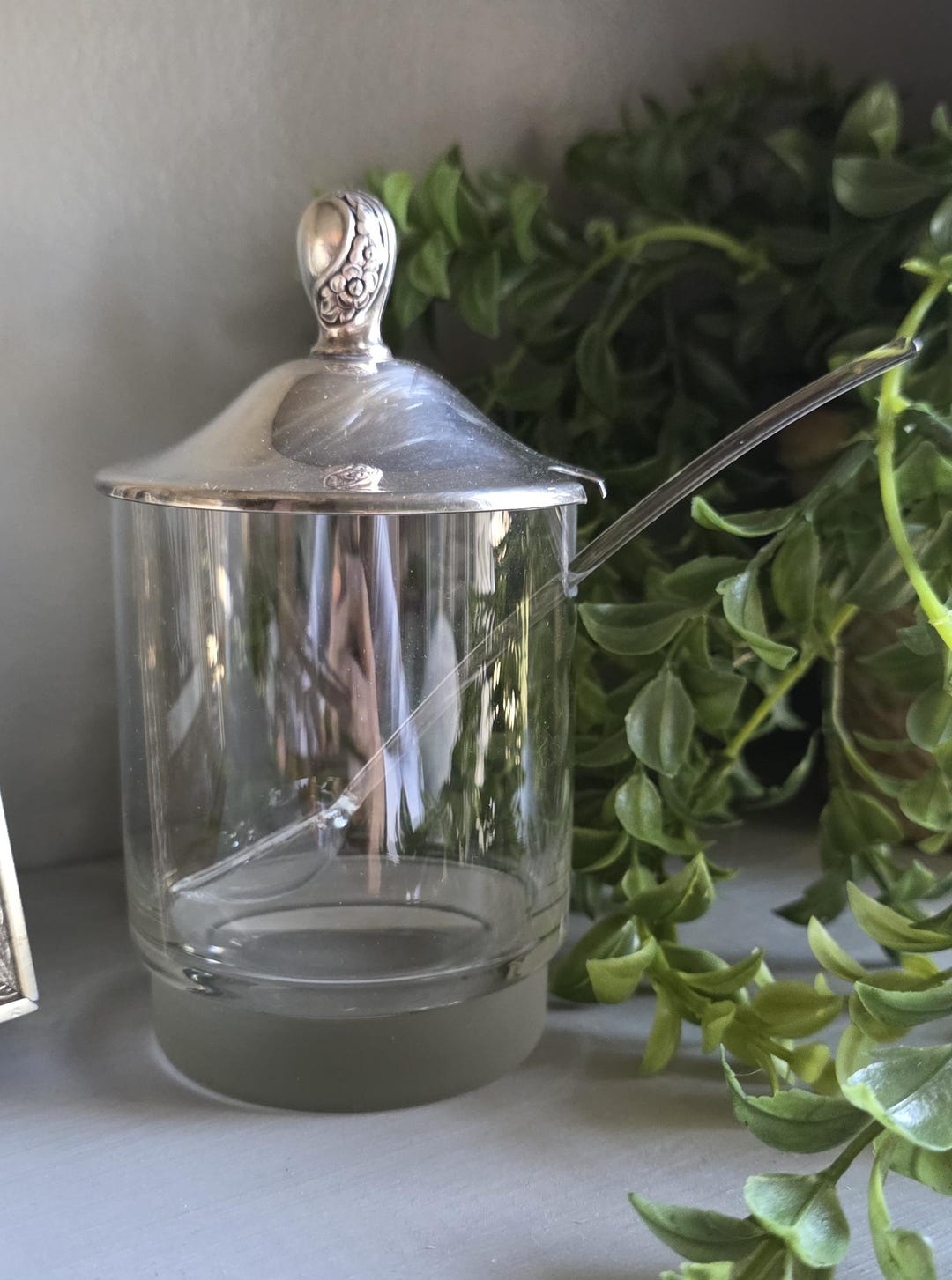Antique Glass Jam or Sugar Jar With Silver Lid and Clear Serving Spoon ...