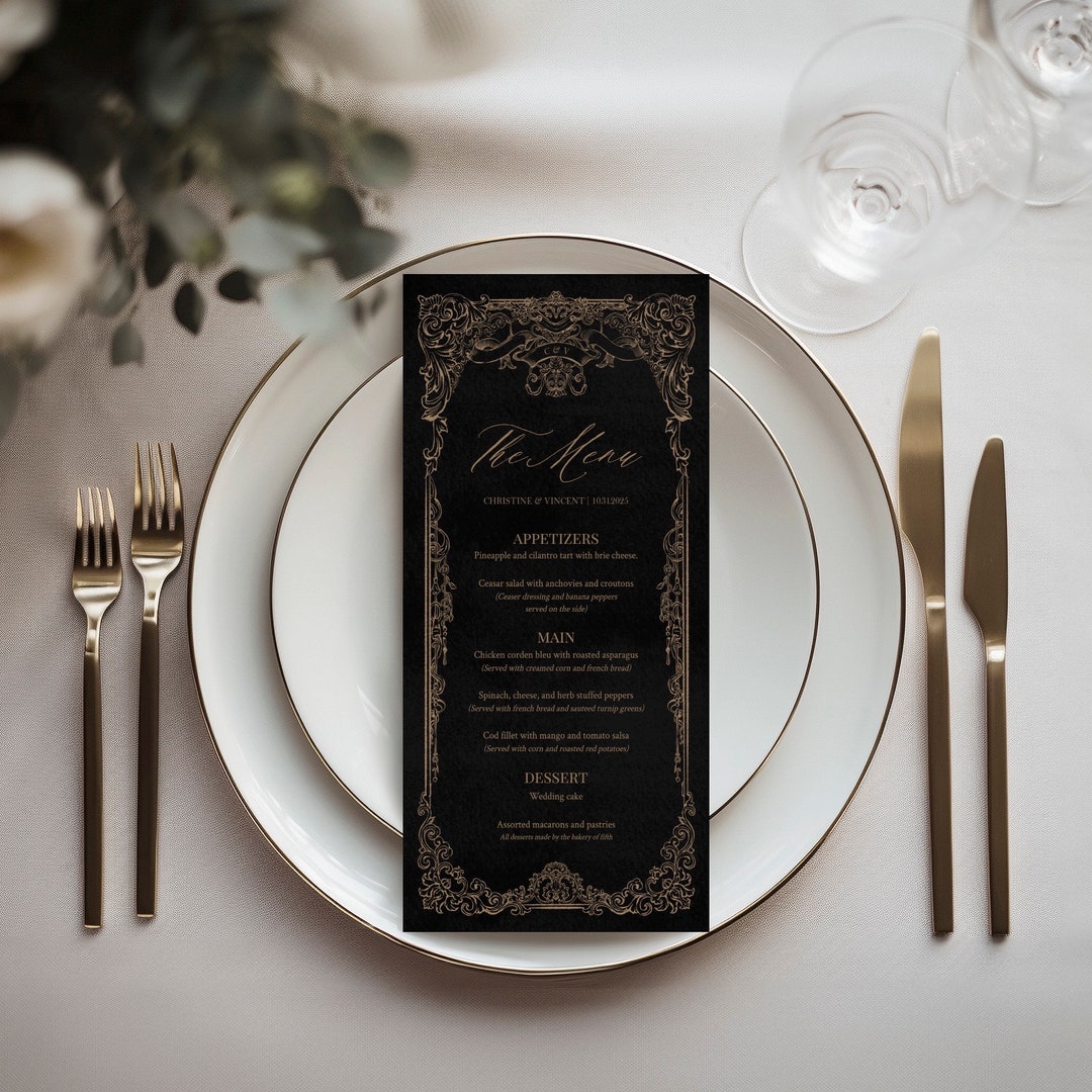 Christine | Printed Wedding Menu, Black and Gold Menu Card, Elegant ...