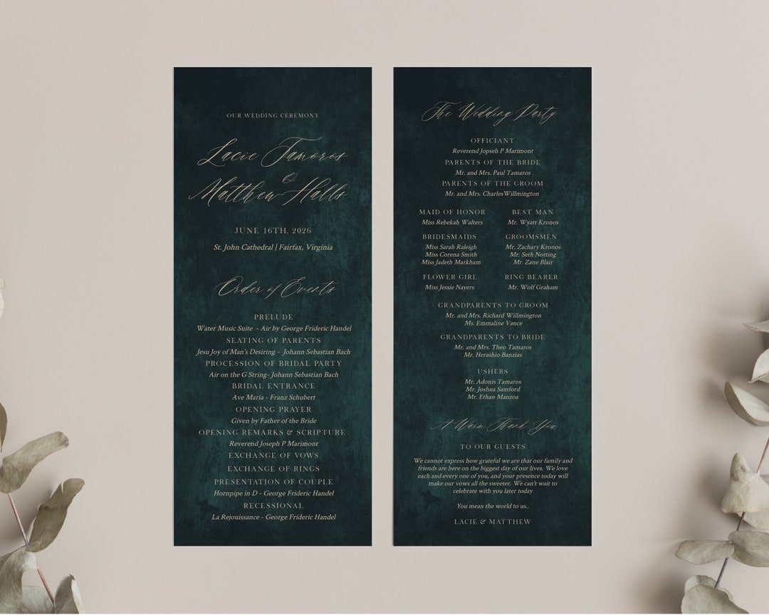 Juliet | Emerald Green Wedding Program, Elegant Green & Gold Wedding Program, Wedding Program ...