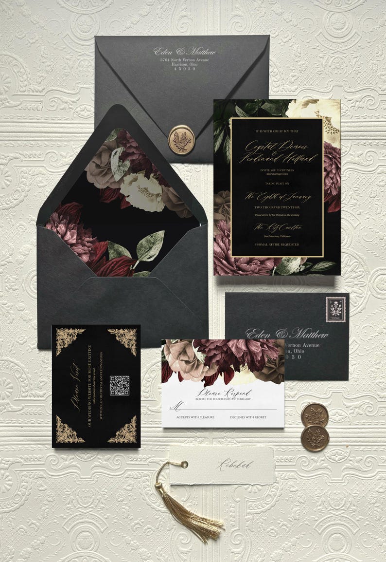 Farah | Dark Floral Wedding Invitation Set, Moody Floral Wedding ...