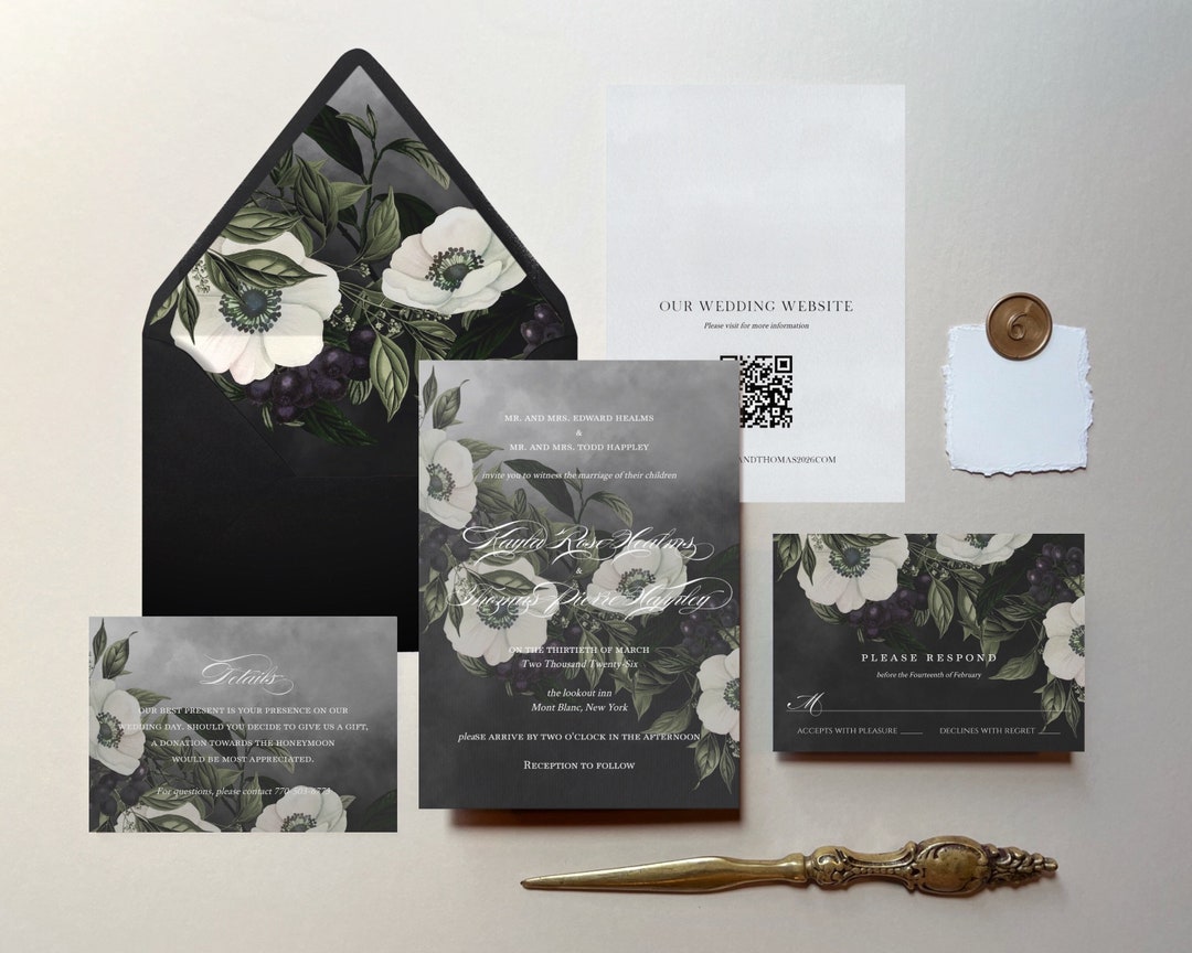 Midnight: Printable Dark Moody Floral Wedding Invitations, Printable ...