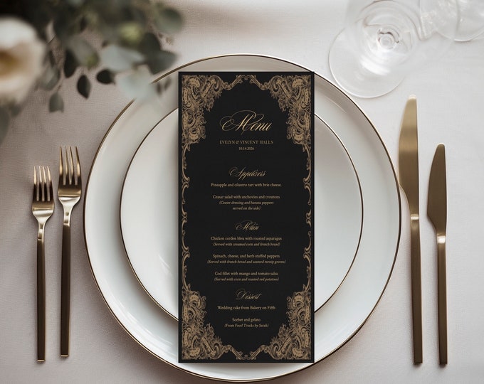 Evelyn | Printed Wedding Menu, Black and Gold Menu Card, Elegant Gold ...