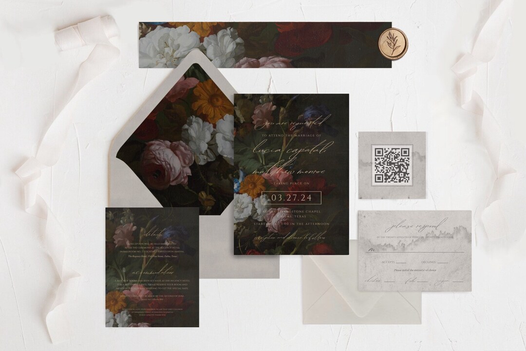 Lucia Printed Dark Floral Wedding Invitation Set, Moody Dutch Floral ...