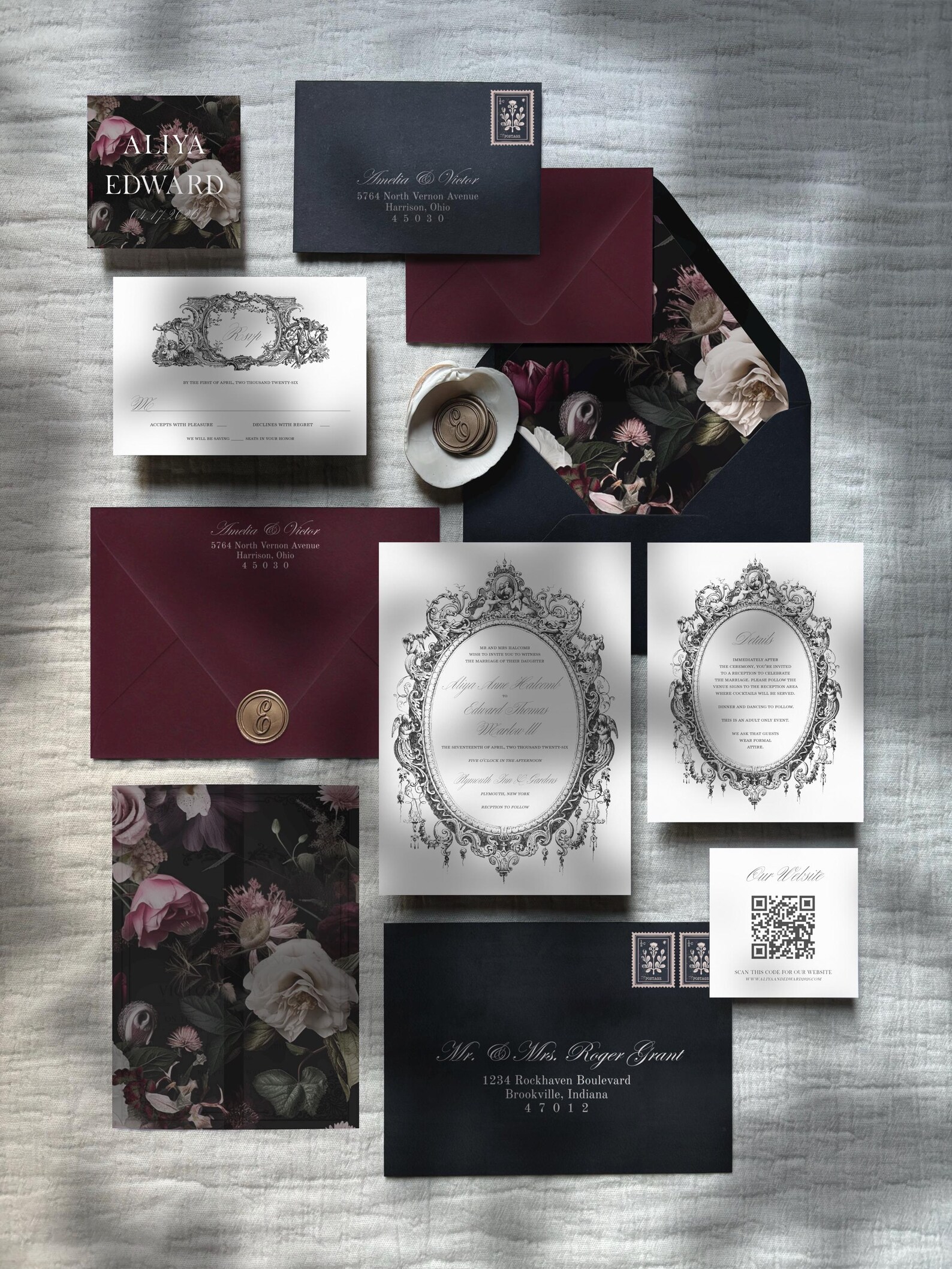 Aliya | Printed Dark Moody Floral Wedding Invitations, Printed Wedding ...